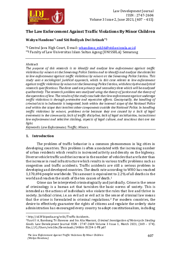 (PDF) The Law Enforcement Against Traffic Violations By Minor Children
