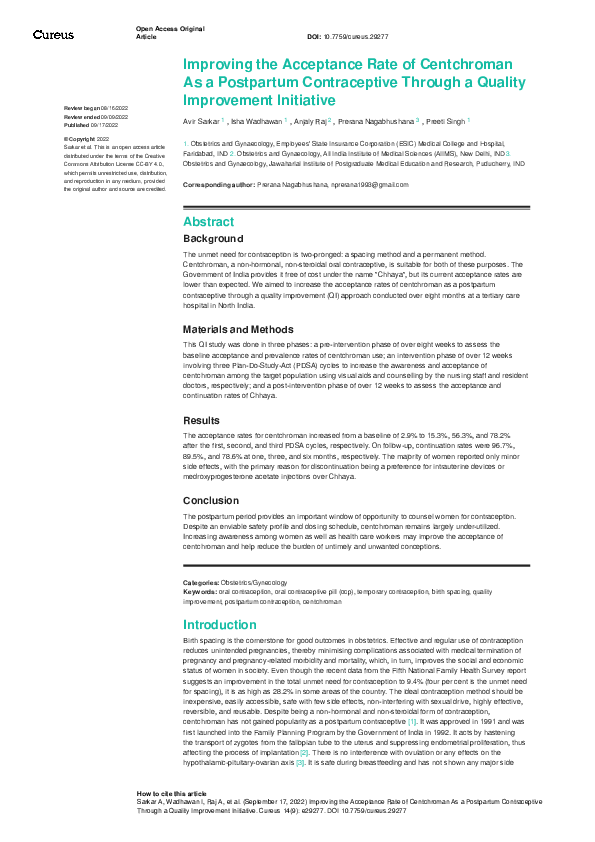 (PDF) Improving the Acceptance Rate of Centchroman As a Postpartum ...