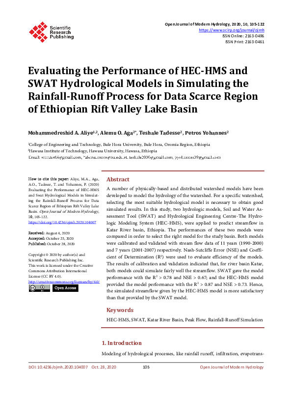(PDF) Evaluating the Performance of HEC-HMS and SWAT Hydrological Models in Simulating the ...