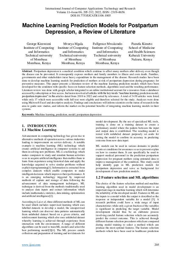 Pdf Machine Learning Prediction Models For Postpartum Depression A Review Of Literature