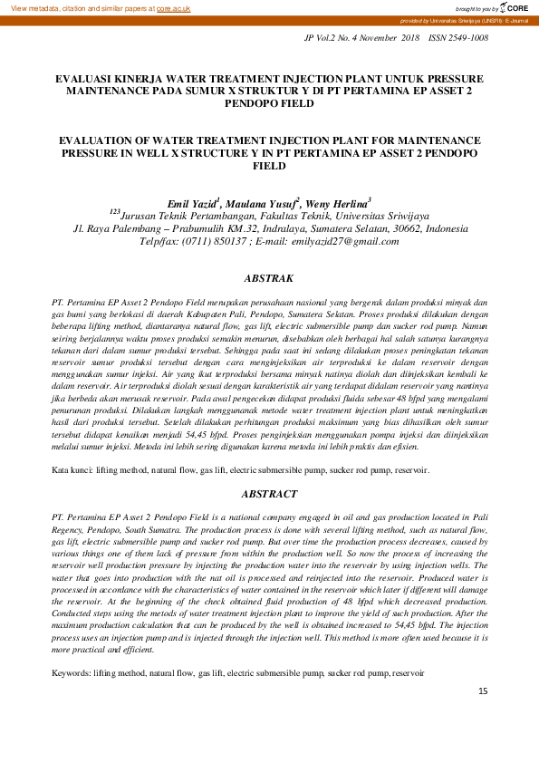 (PDF) Evaluasi Kinerja Water Treatment Injection Plant Untuk Pressure Maintenance Pada Sumur X ...