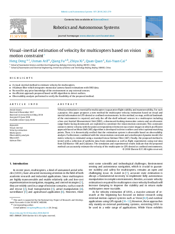 Pdf Visual Inertial Estimation Of Velocity For Multicopters Based On