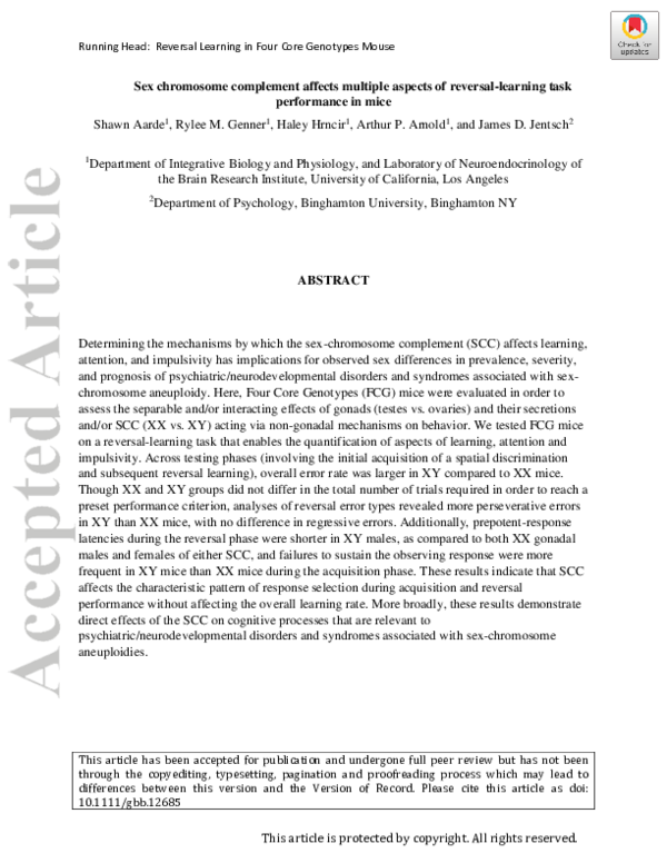 Pdf Sex Chromosome Complement Affects Multiple Aspects Of Reversal‐learning Task Performance