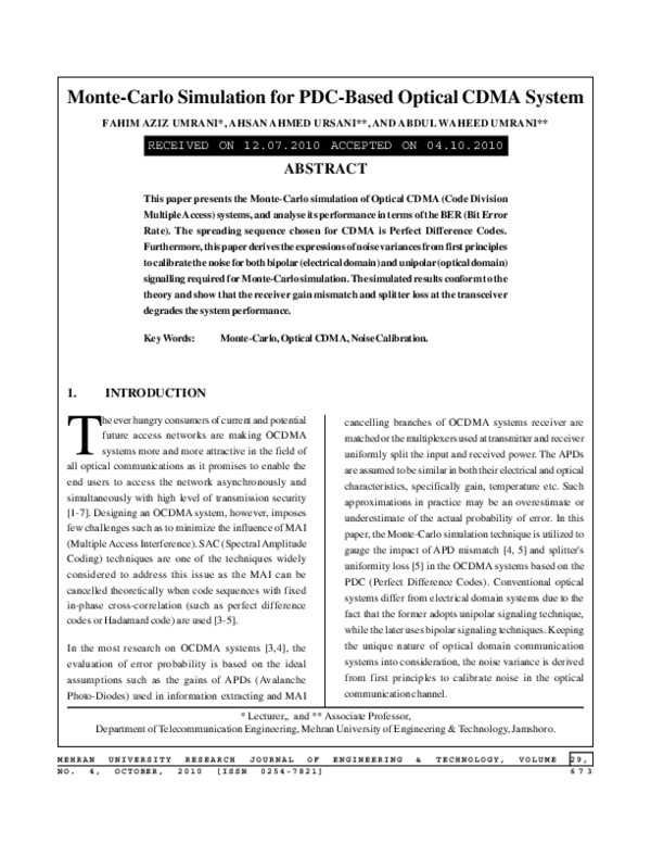 (PDF) Monte-Carlo Simulation for PDC-Based Optical CDMA System