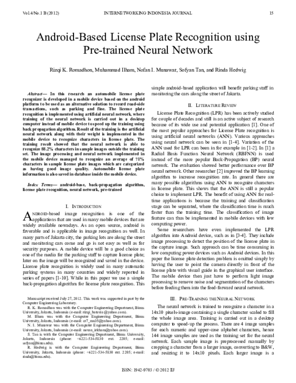 (PDF) Android-Based License Plate Recognition using Pre-trained Neural Network