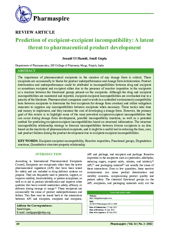(PDF) Prediction of excipient-excipient incompatibility: A latent threat to pharmaceutical ...