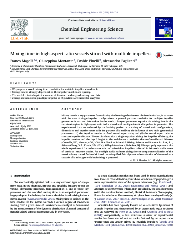 (PDF) Mixing time in high aspect ratio vessels stirred with multiple impellers