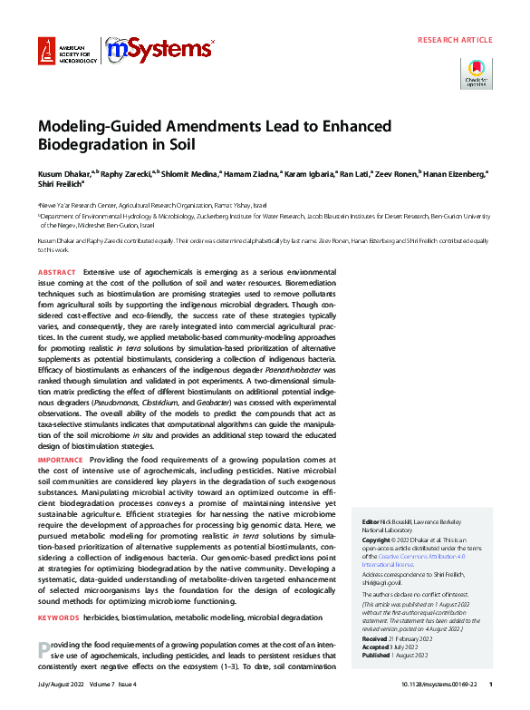 (PDF) Modeling-Guided Amendments Lead to Enhanced Biodegradation in Soil | Raphy Zarecki ...