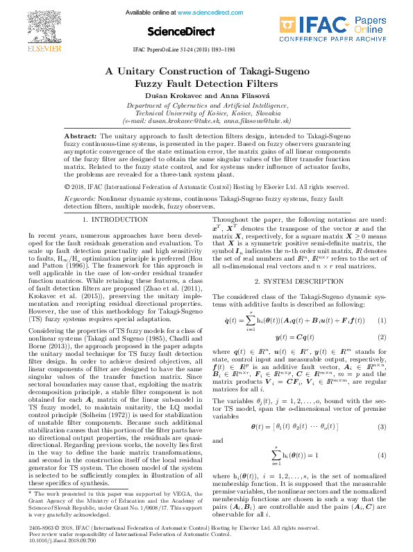 Pdf A Unitary Construction Of Takagi Sugeno Fuzzy Fault Detection Filters