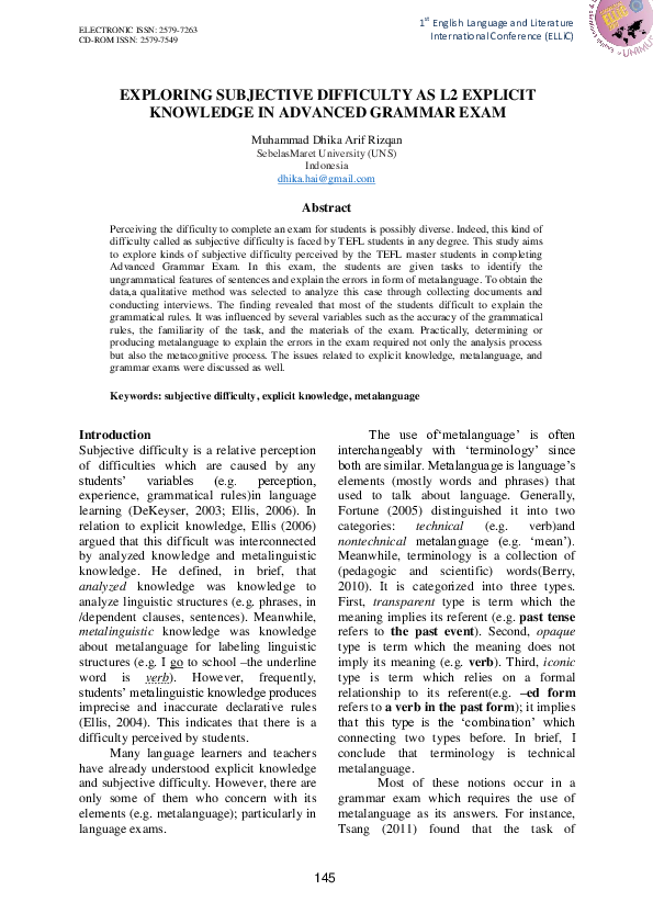 (PDF) Exploring Subjective Difficulty as L2 Explicit Knowledge in Advanced Grammar Exam