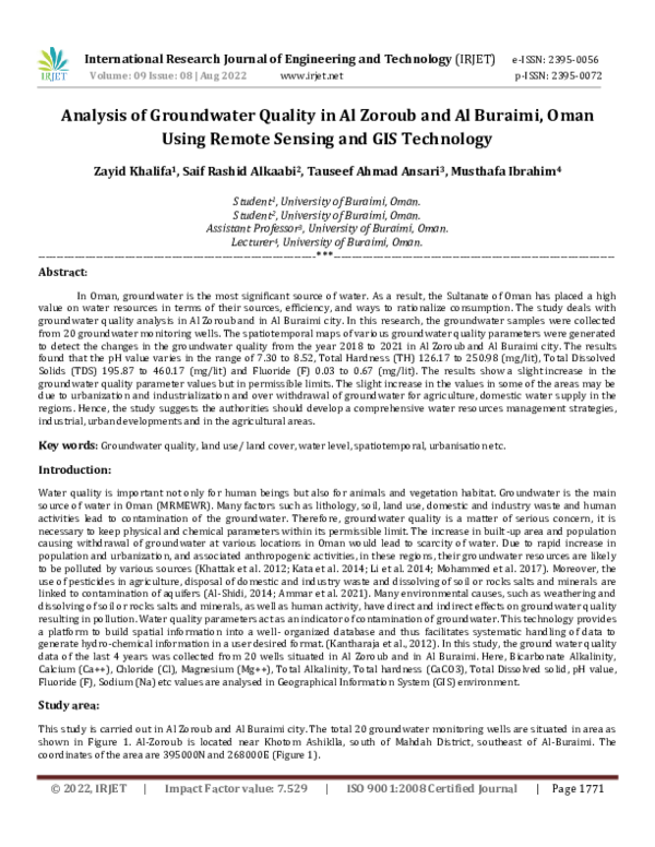 (PDF) Analysis of Groundwater Quality in Al Zoroub and Al Buraimi, Oman ...