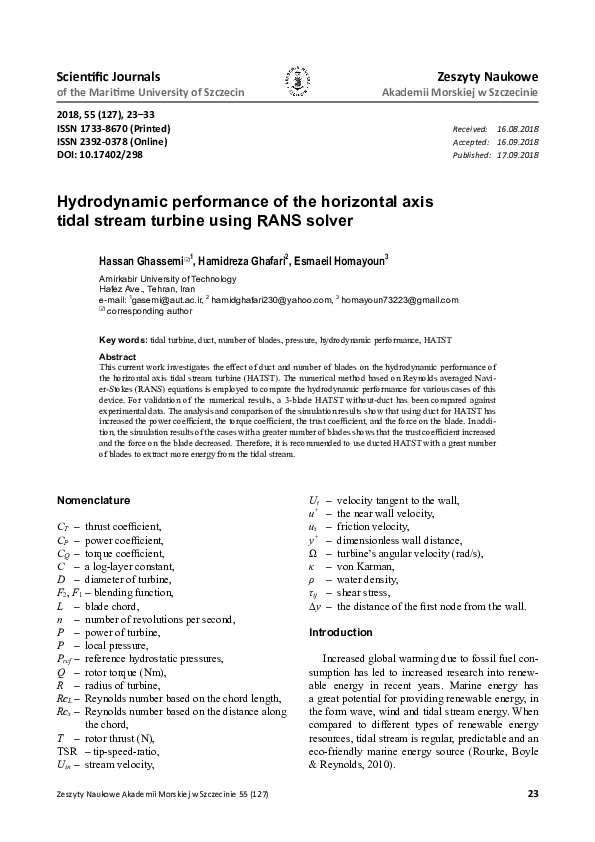 (PDF) Hydrodynamic performance of the horizontal axis tidal stream turbine using RANS solver