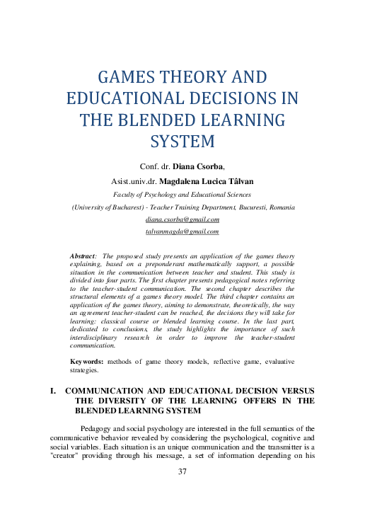 (PDF) Games Theory and Educational Decisions in the Blended Learning System I. Communication and ...