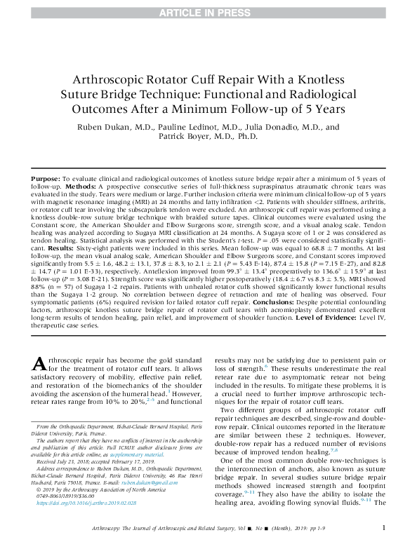 (PDF) Arthroscopic Rotator Cuff Repair With a Knotless Suture Bridge Technique: Functional and ...