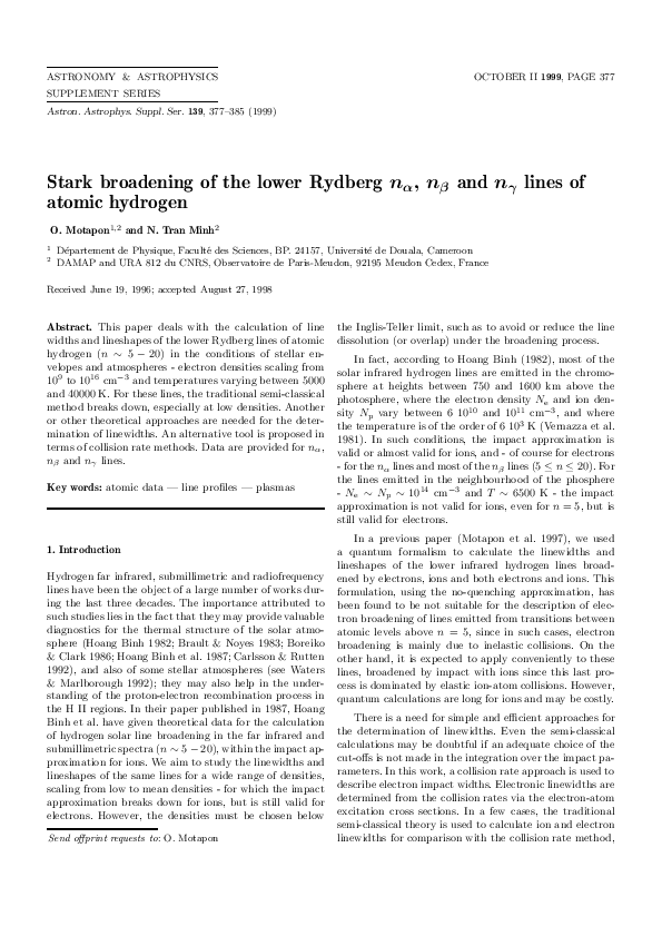 (PDF) Stark broadening of the lower Rydberg n ? , n ? and n ? lines of ...