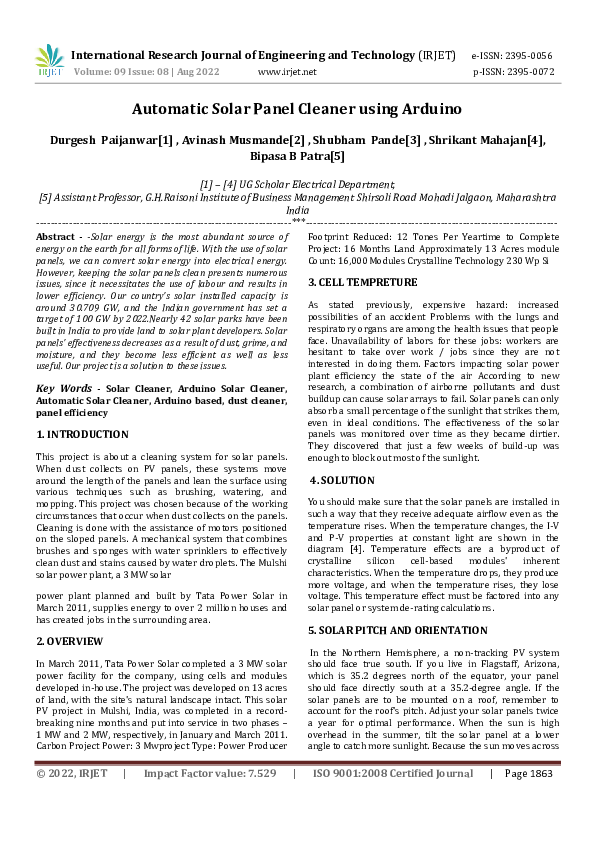 (PDF) Automatic Solar Panel Cleaner using Arduino