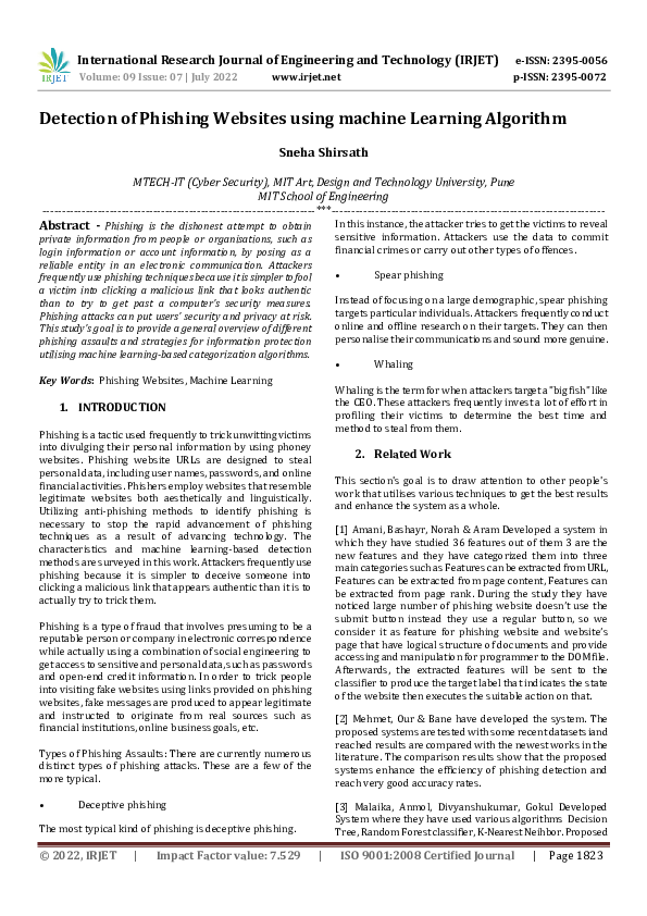 Pdf Detection Of Phishing Websites Using Machine Learning Algorithm