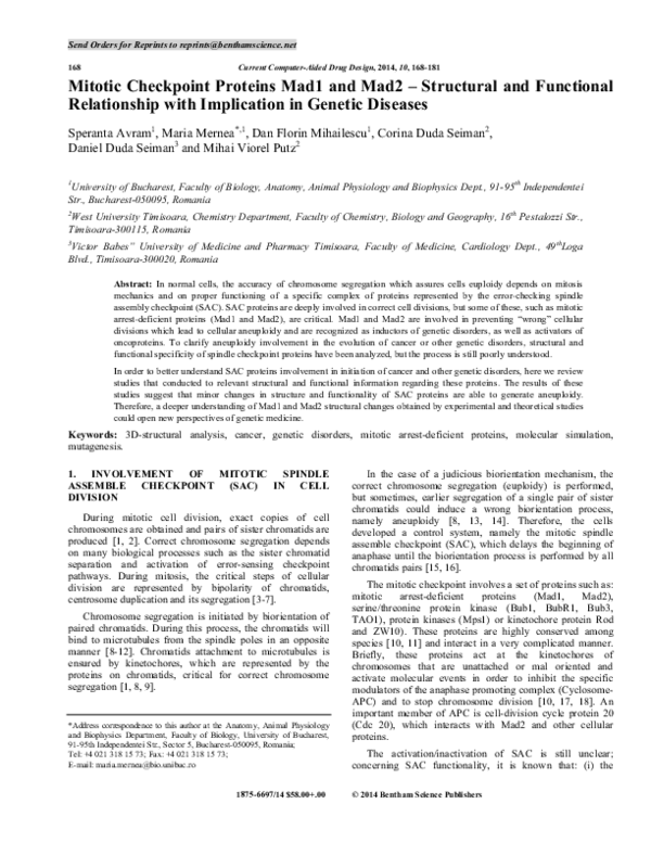 (PDF) Mitotic Checkpoint Proteins Mad1 and Mad2 – Structural and ...