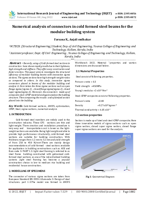 (PDF) Numerical analysis of connectors in cold formed steel beams for the modular building system