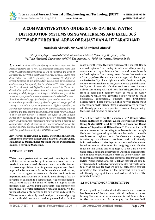 (PDF) A COMPARATIVE STUDY ON DESIGN OF OPTIMAL WATER DISTRIBUTION SYSTEMS USING WATERGEMS AND ...