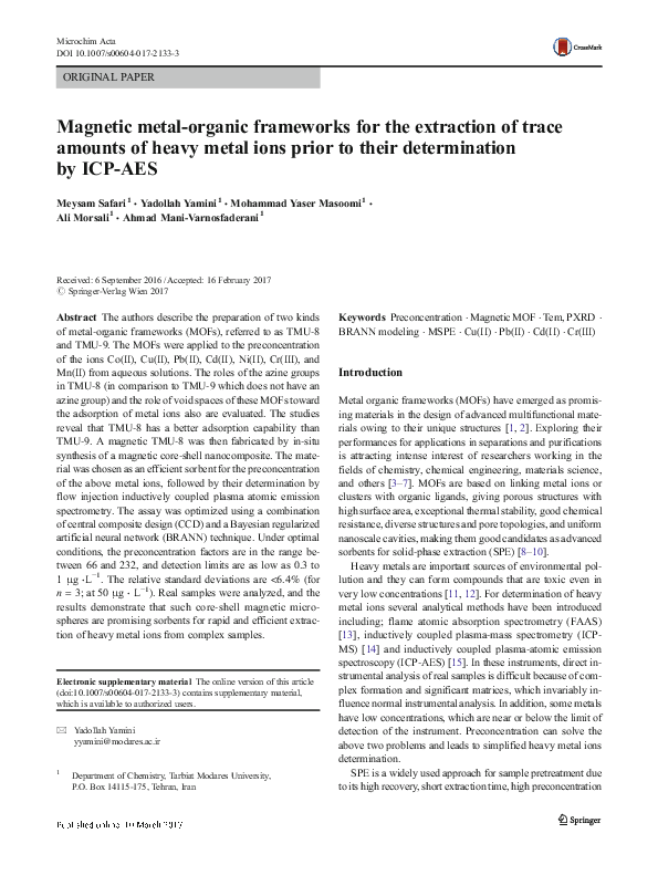 Pdf Magnetic Metal Organic Frameworks For The Extraction Of Trace Amounts Of Heavy Metal Ions