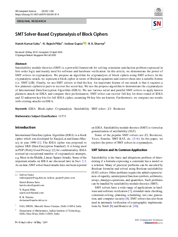 Pdf Smt Solver Based Cryptanalysis Of Block Ciphers