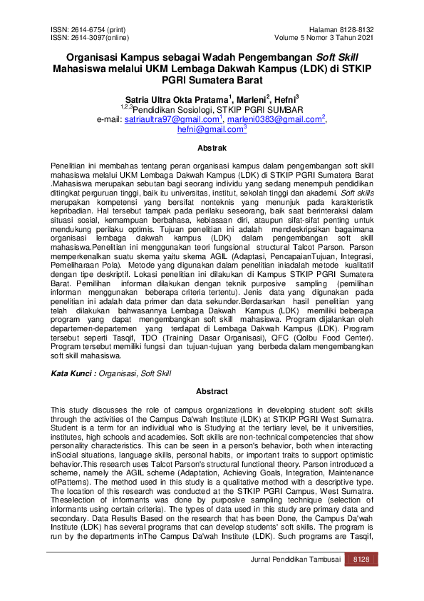 (PDF) Organisasi Kampus sebagai Wadah Pengembangan Soft Skill Mahasiswa melalui UKM Lembaga ...