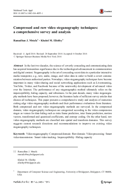 (PDF) Compressed and raw video steganography techniques: a comprehensive survey and analysis