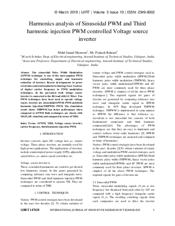 (PDF) Harmonics analysis of Sinusoidal PWM and Third harmonic injection PWM controlled Voltage ...