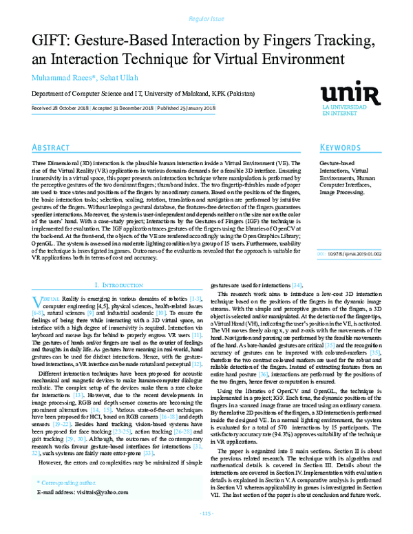 (PDF) GIFT: Gesture-Based Interaction by Fingers Tracking, an Interaction Technique for Virtual ...