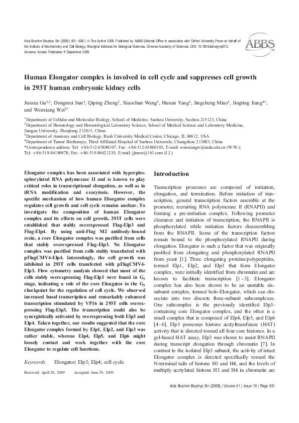 (PDF) Human Elongator complex is involved in cell cycle and suppresses ...