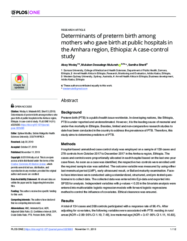 (PDF) Determinants of preterm birth among mothers who gave birth at ...