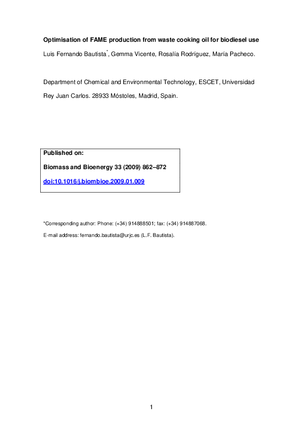 (PDF) Optimisation of FAME production from waste cooking oil for ...