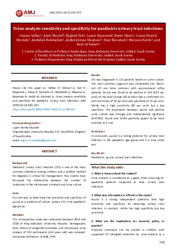 (PDF) Urine analysis sensitivity and specificity for paediatric urinary ...