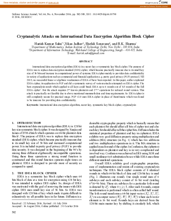 (PDF) Cryptanalytic Attacks on IDEA Block Cipher