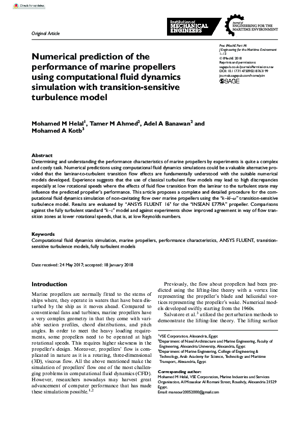 (PDF) Numerical prediction of the performance of marine propellers using computational fluid ...