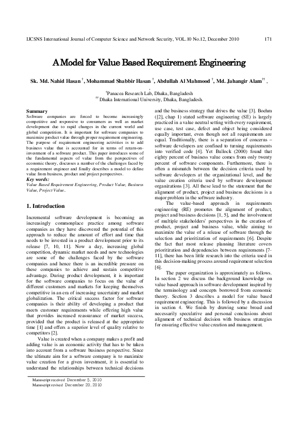 (PDF) A Model for Value Based Requirement Engineering