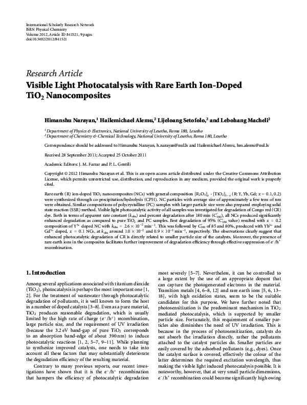 (PDF) Visible Light Photocatalysis with Rare Earth Ion-Doped Nanocomposites