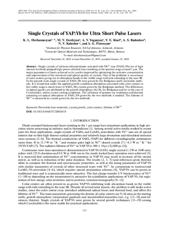 (PDF) Single Crystals of YAP:Yb for Ultra Short Pulse Lasers