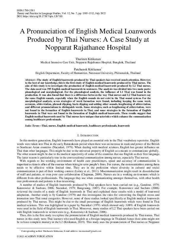 (PDF) A Pronunciation of English Medical Loanwords Produced by Thai ...