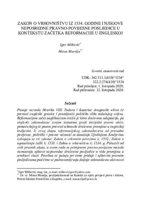 (PDF) Leagl and historical consequences of the 1534 Act of supremacy on ...