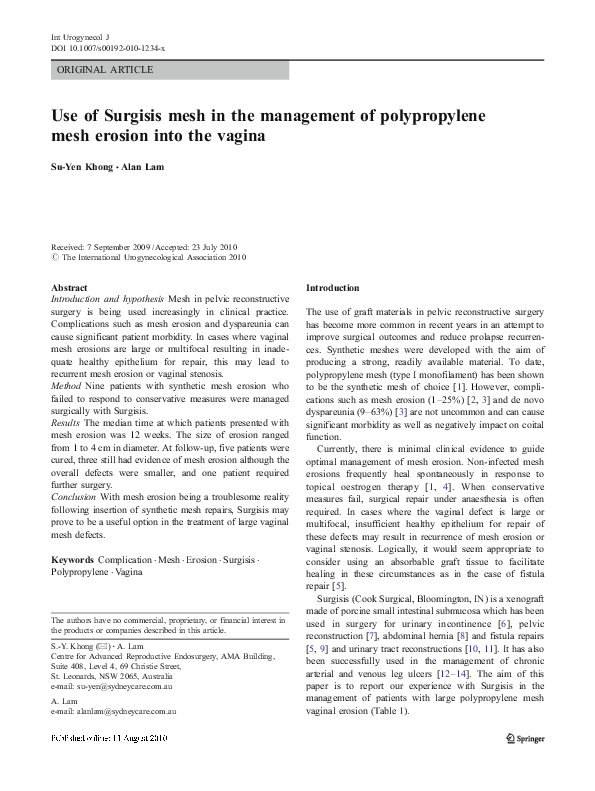 (PDF) Use of Surgisis mesh in the management of polypropylene mesh ...