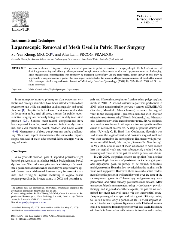 (PDF) Laparoscopic Removal of Mesh Used in Pelvic Floor Surgery