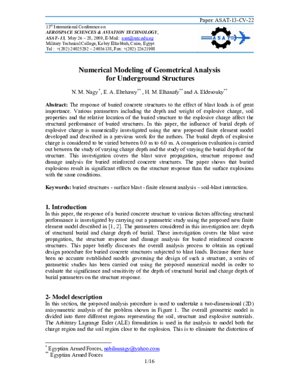 (PDF) Numerical Modeling of Geometrical Analysis for Underground Structures