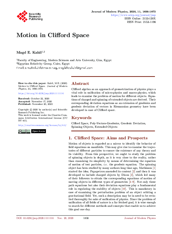 Pdf Motion In Clifford Space Magd Kahil