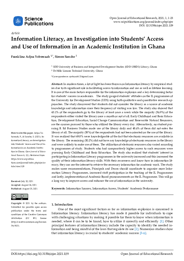 (PDF) Information Literacy, an Investigation into Students’ Access and ...