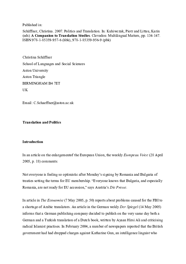 (PDF) Chapter 9. Politics and Translation