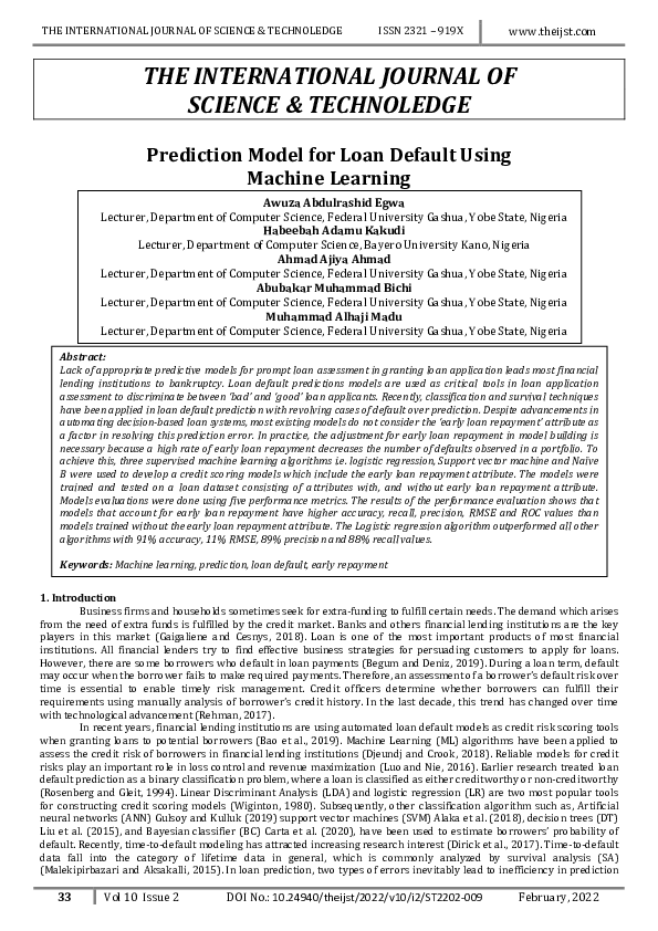 (PDF) Prediction Model for Loan Default Using Machine Learning | Mahmud Modu - Academia.edu