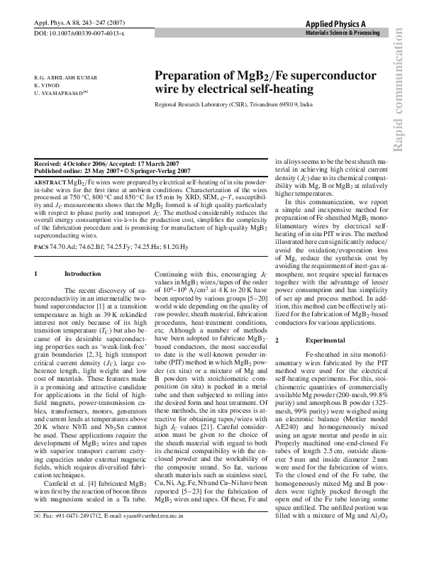 (PDF) Preparation of MgB2/Fe superconductor wire by electrical self-heating