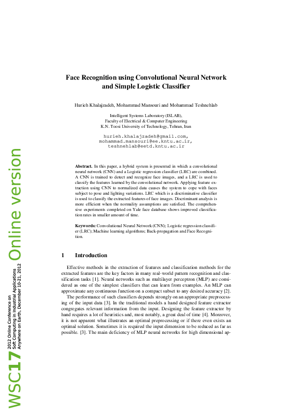 (PDF) Face Recognition Using Convolutional Neural Network and Simple Logistic Classifier
